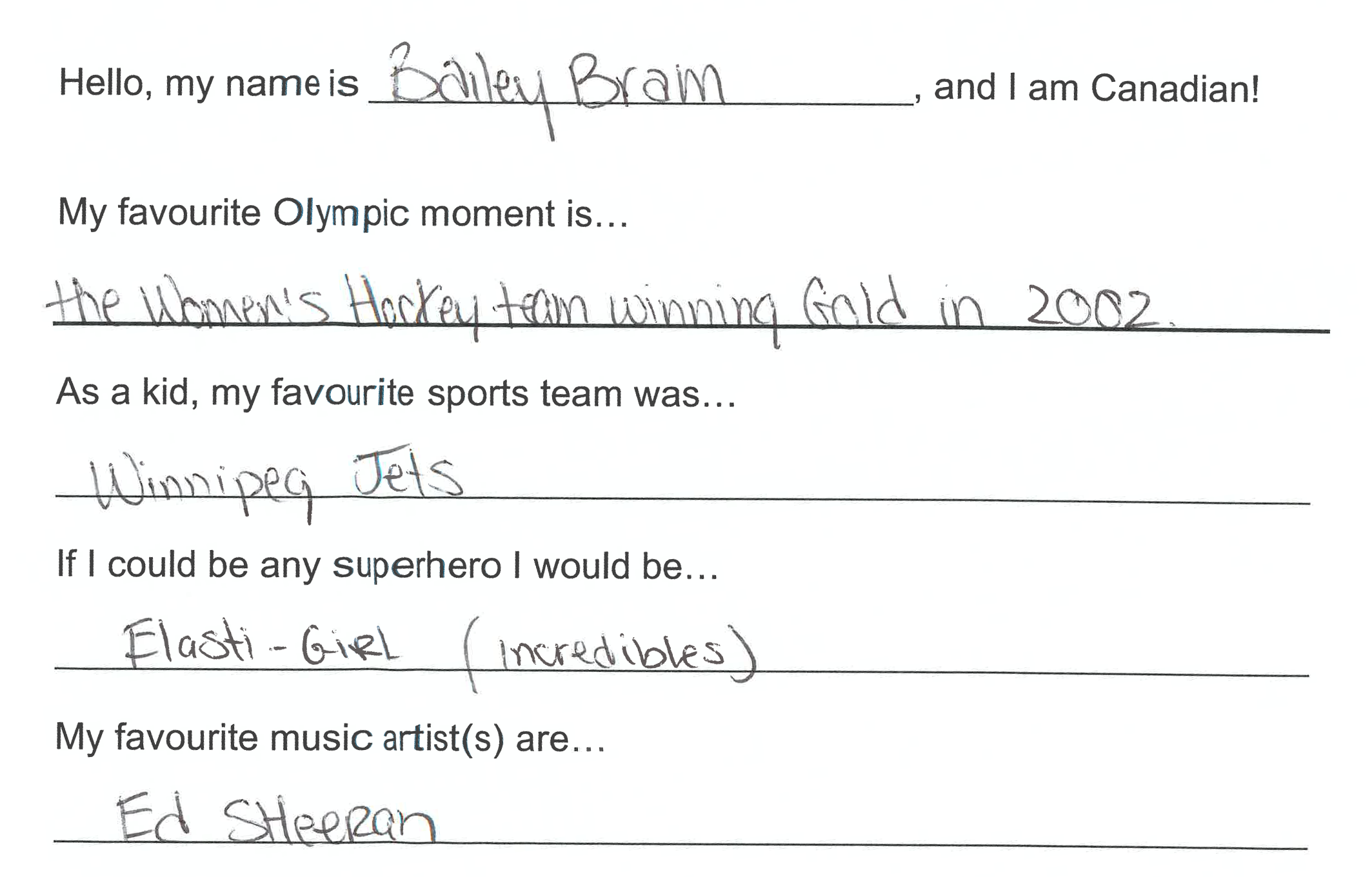 Hi, my name is Bailey Bram and I play hockey - Team Canada