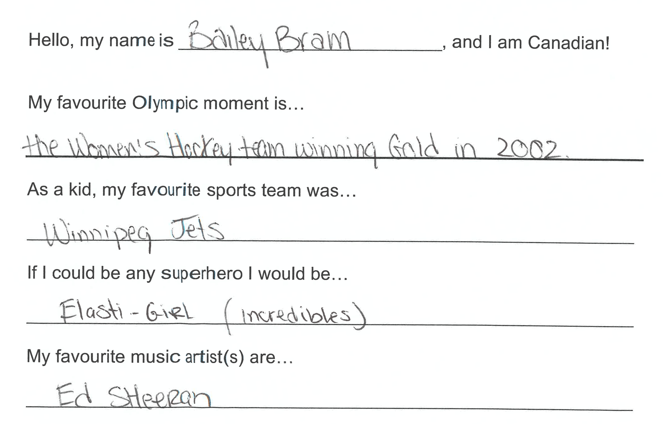 Hi, my name is Bailey Bram and I play hockey - Team Canada